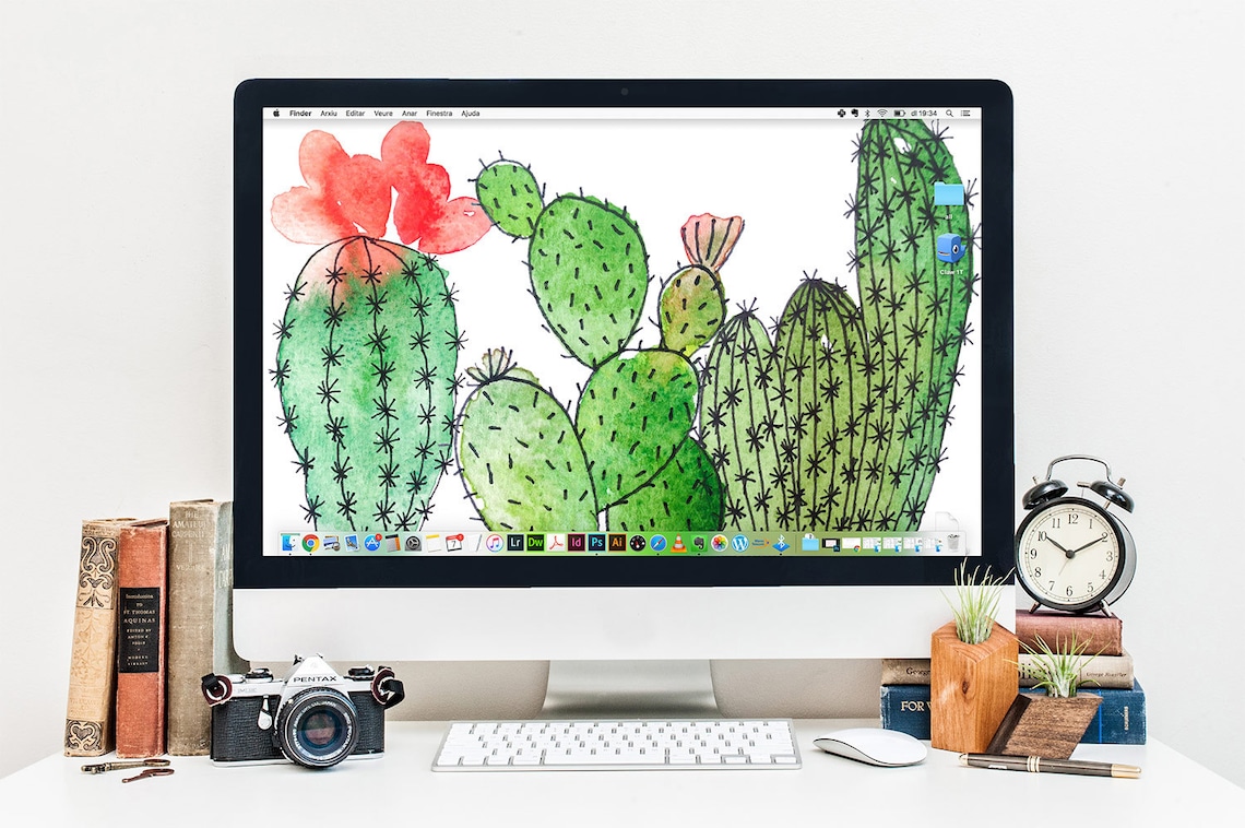 Cactus Desktop Wallpaper - INSTANT DOWNLOAD, Watercolor Cactus Hand ...