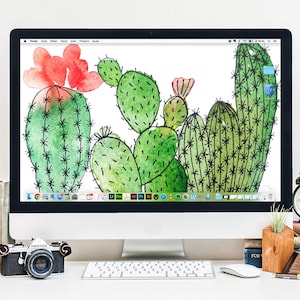 Cactus Desktop Wallpaper - INSTANT DOWNLOAD, Watercolor Cactus Hand ...