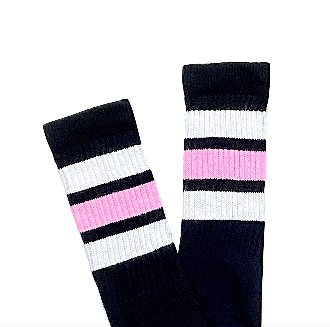 Black With White & Light Pink Retro Stripe Under the Knee Tube Socks ...
