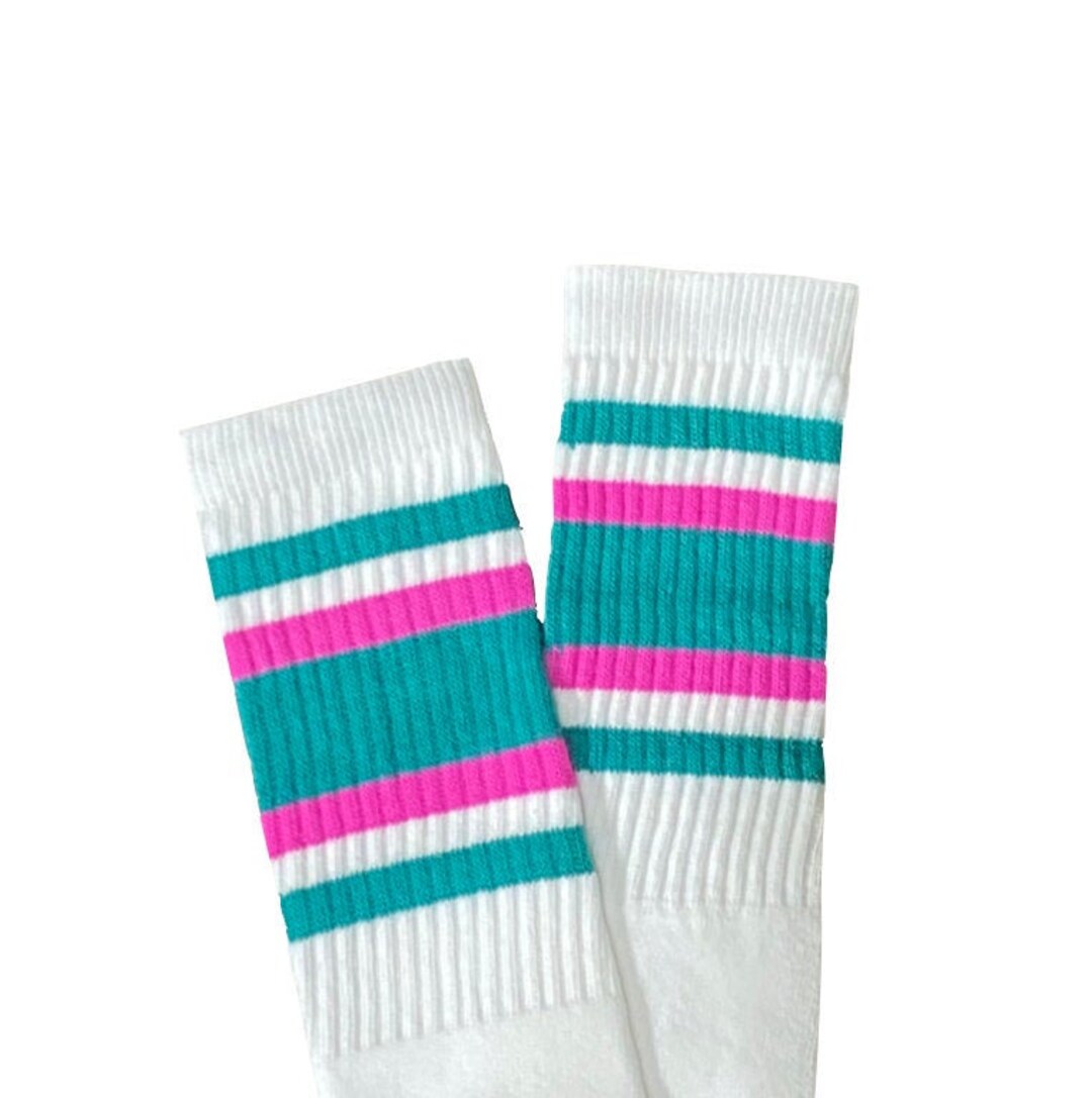 Retro Stripe Knee High Tube Socks, Teal and Pink Stripes, Vintage Style ...