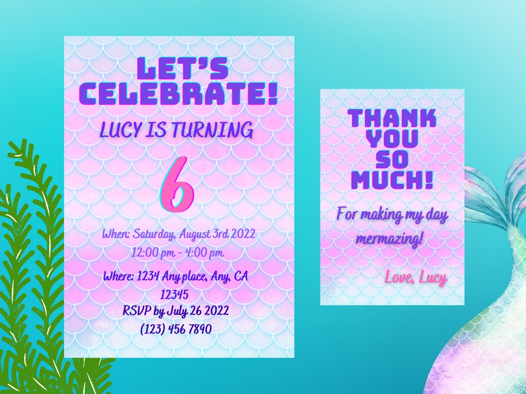 Digital Mermaid Birthday Invitation and Thank You, Editable Invite ...