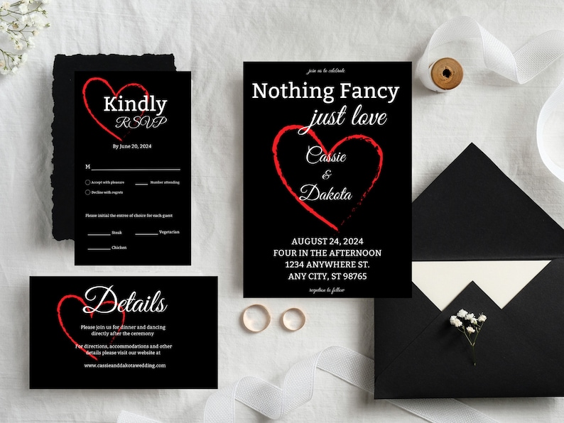 Digital Black and Red Wedding Invitation Bundle, Editable Wedding ...