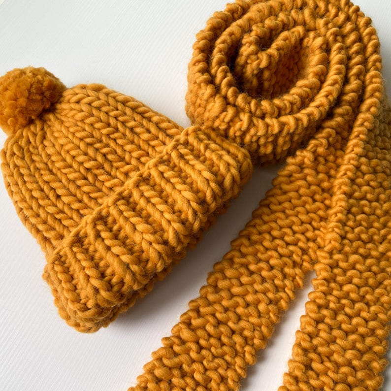 Winter Skinny Scarf and Beanie Hat Set - Chunky Knit Set - Etsy