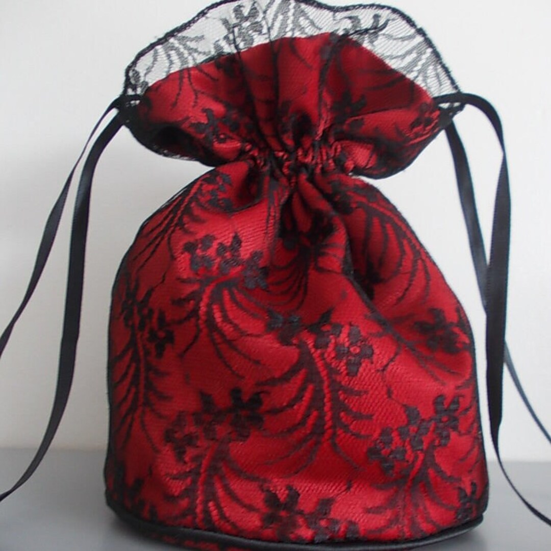 Black Lace and Red Satin Dolly Bag. Handmade Ribbon Drawstring. Evening ...
