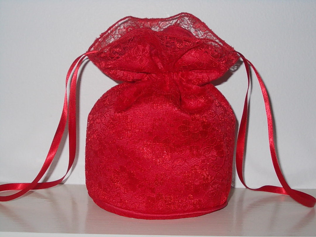 Red Lace and Red Satin Dolly Bag. Ribbon Drawstring Wrist Purse ...