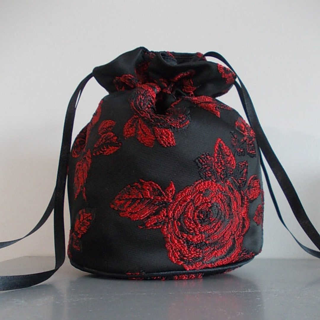 Black Satin and Red Rose Dolly Bag. Ribbon Drawstring, Wrist Purse for ...