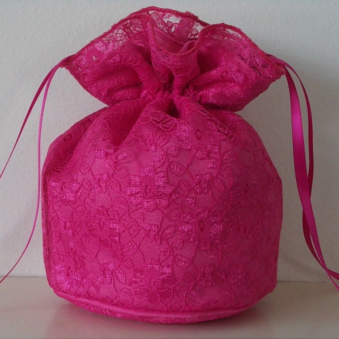 Hot Pink Lace/ Hot Pink Satin Dolly Bag. Ribbon Drawstring,wrist Purse ...