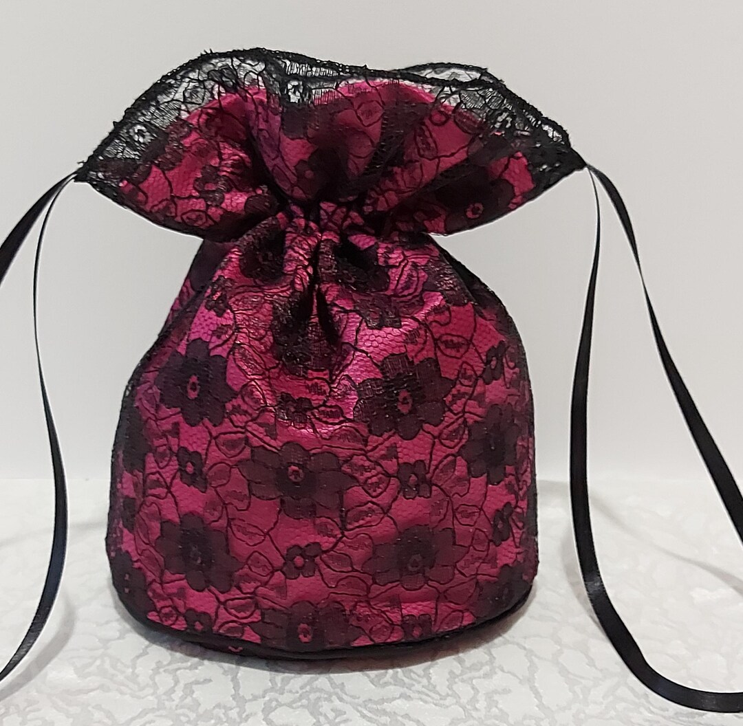 Black Lace and Hot Pink Satin Dolly Bag.ribbon Drawstring, Wrist Purse ...