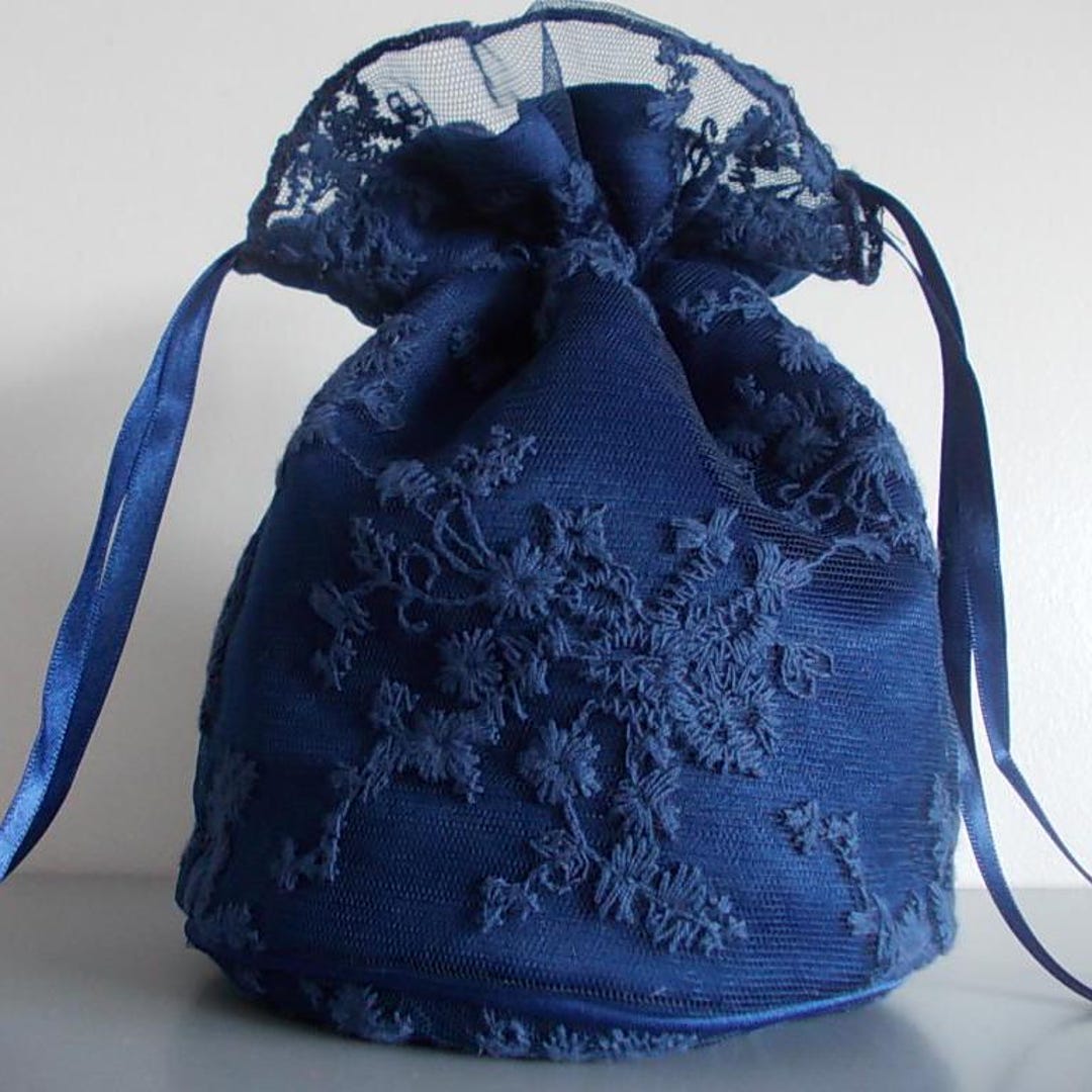 Navy Embroidered Tulle and Navy Satin Dolly Bag. Ribbon Drawstring ...