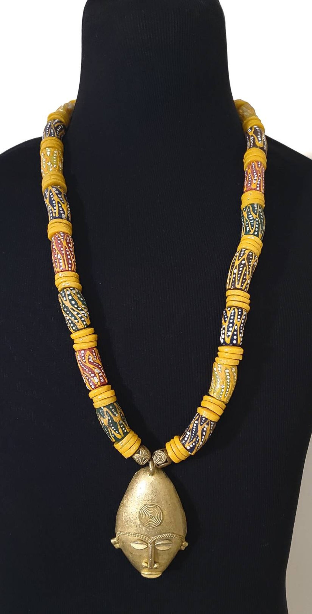 Mens Long African Bead Necklace, African Mask Necklace, Krobo Bead ...