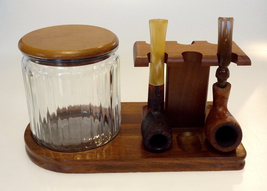 Decatur Industries WALNUT PIPE STAND Holder Glass Tobacco Humidor 2 ...