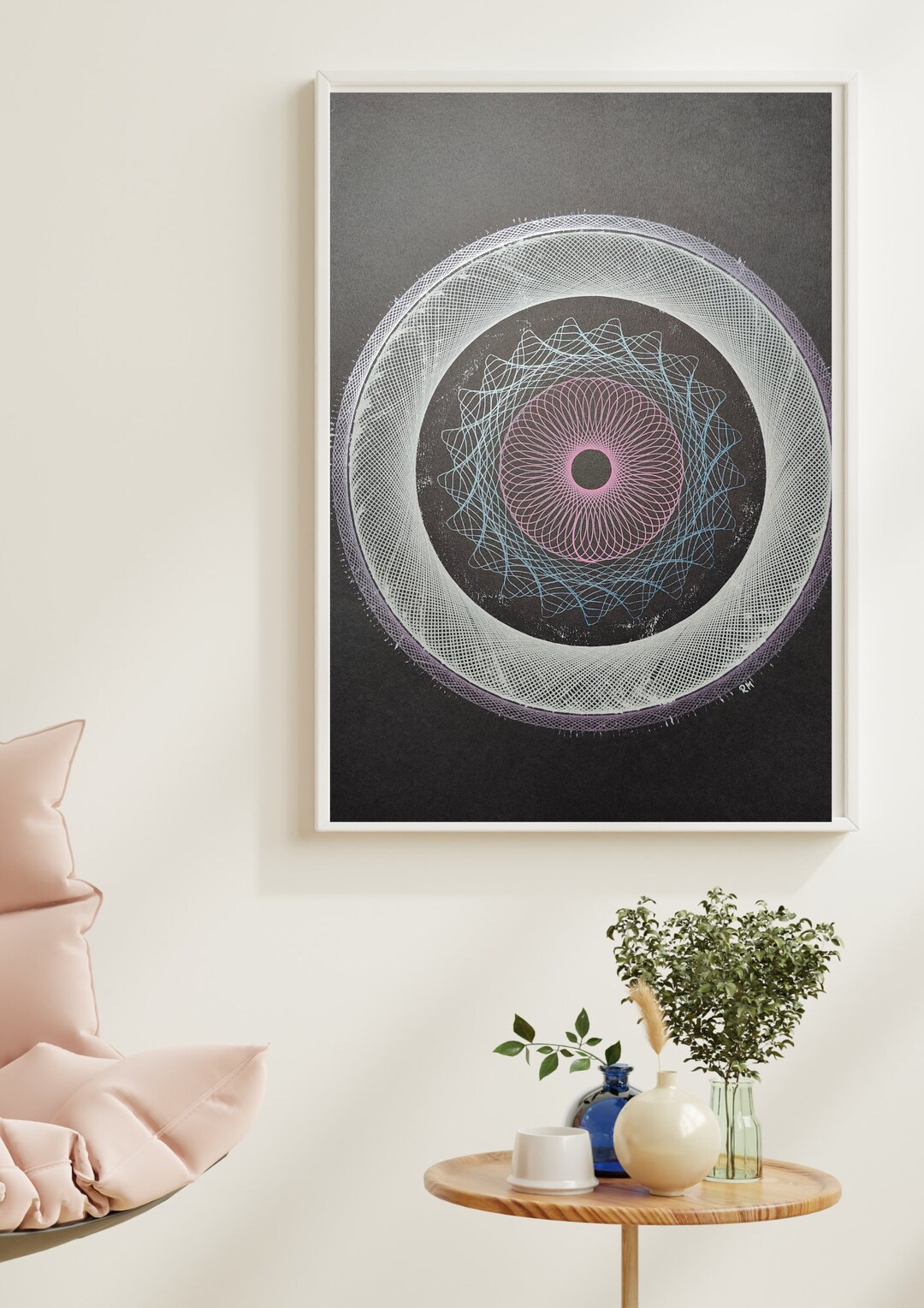Handdrawn White / Pink Spirograph Mandala on Black Background Bohemian ...