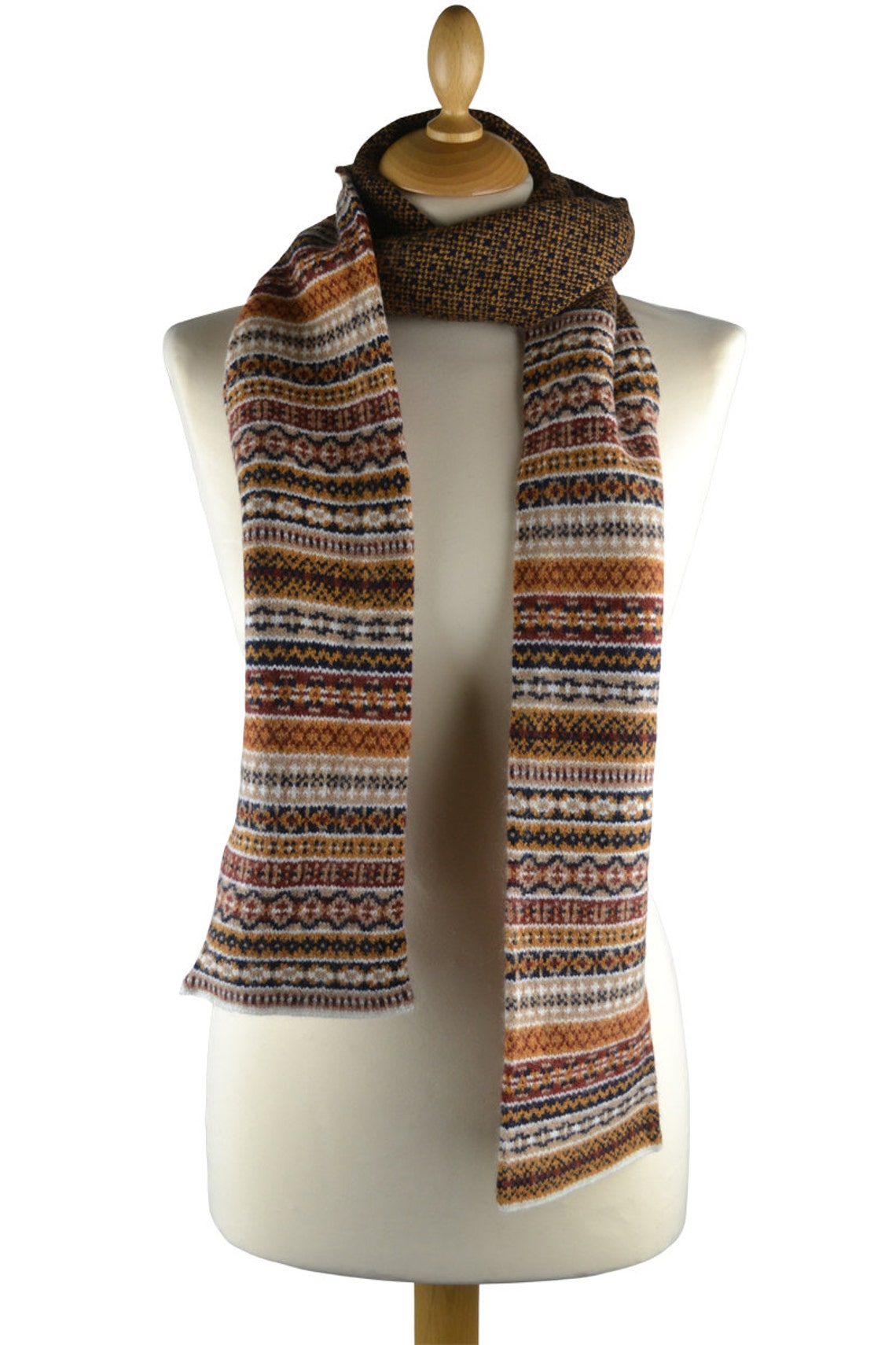 Fair Isle Scottish Lambswool "tweed" Knitted Winter Scarf - Gold Navy ...