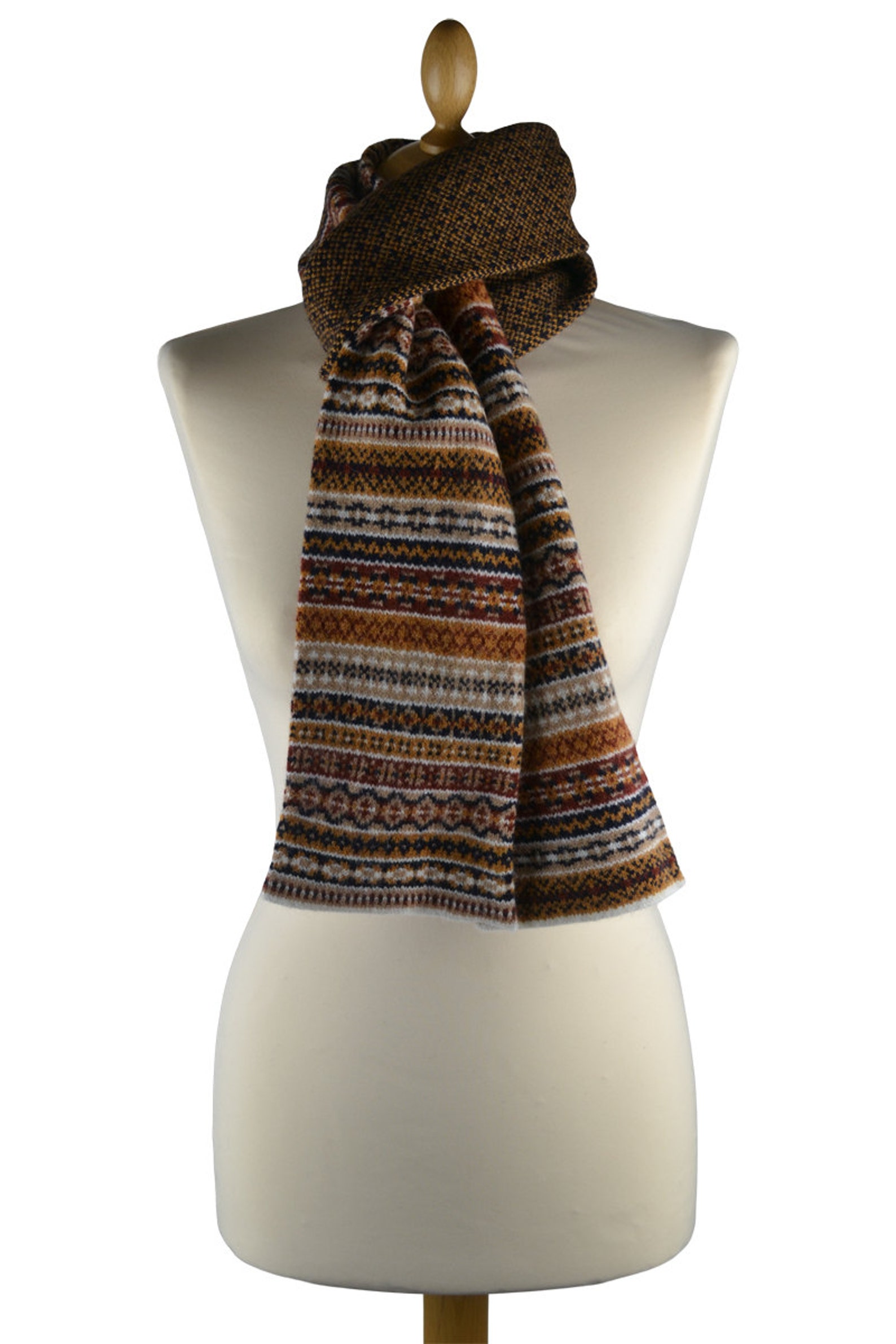 Fair Isle Scottish Lambswool "tweed" Knitted Winter Scarf - Gold Navy ...