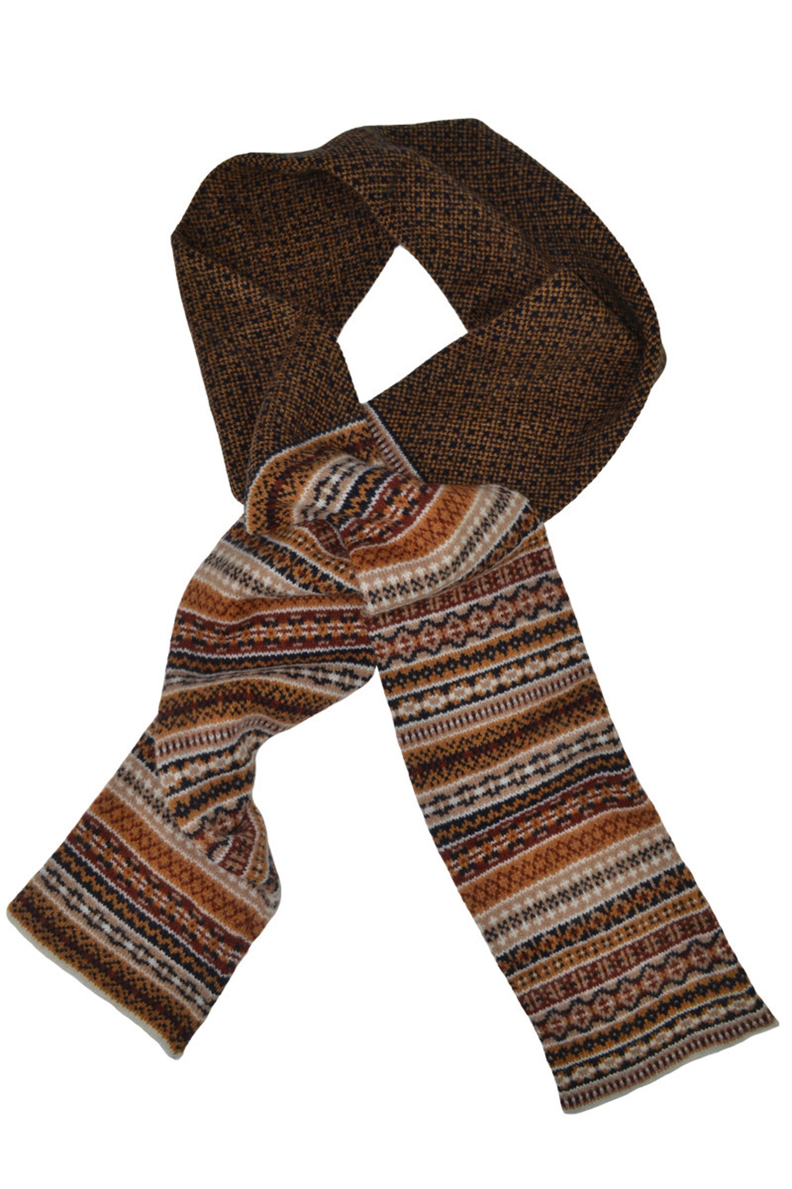 Fair Isle Scottish Lambswool "tweed" Knitted Winter Scarf - Gold Navy ...