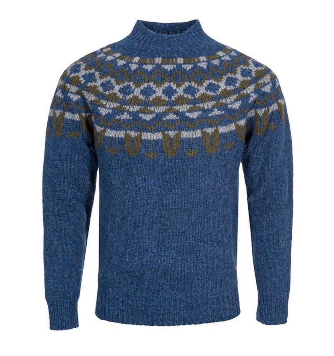 5 Colourways. Mens Fair Isle Jumper Yoke Blue, Navy, Brown 5 Colourways. Mens Fair Isle Jumper Yoke Blue, Navy, Brown