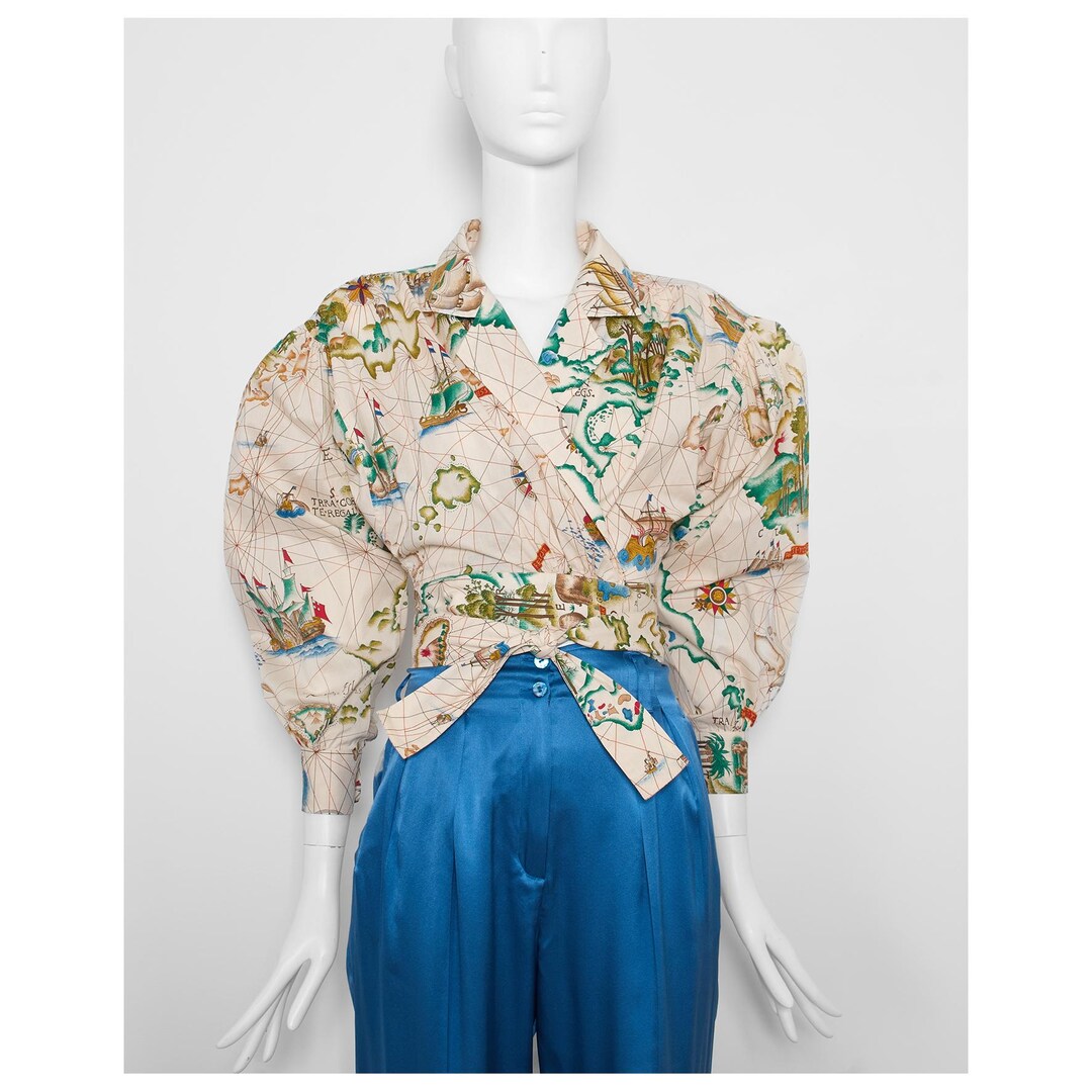 Rare Vintage 1980s Illustrated Atlas World Map Wrap Puff Sleeve KENZO ...