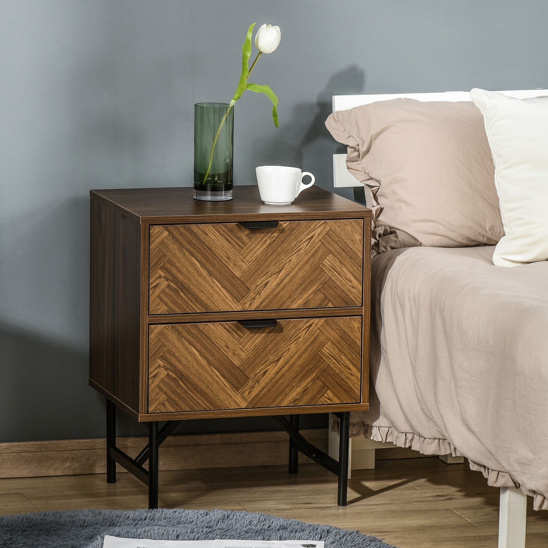 Two-drawer Herringbone Bedside Table Home Side Cabinet Bedroom Storage Brown - Etsy UK
