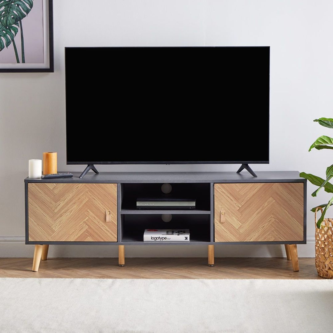 Herringbone TV Unit With Storage Modern Grey and Wood TV Stand - Etsy
