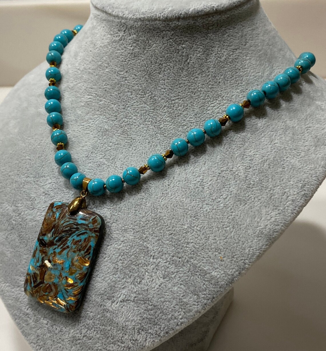 Turquoise Gemstone and Bornite Pendant Necklace/swarvoski | Etsy