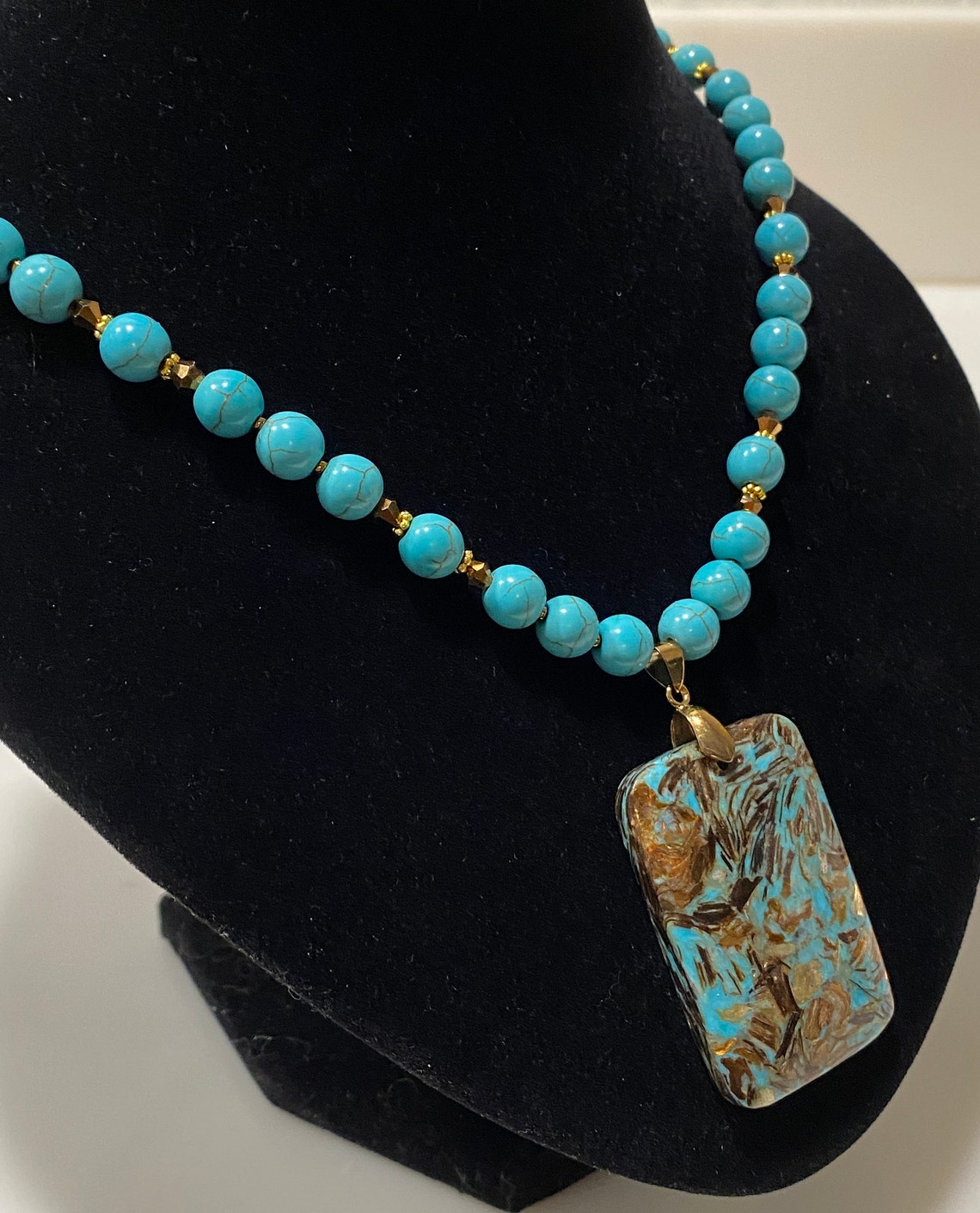 Turquoise Gemstone and Bornite Pendant Necklace/swarvoski Crystal ...