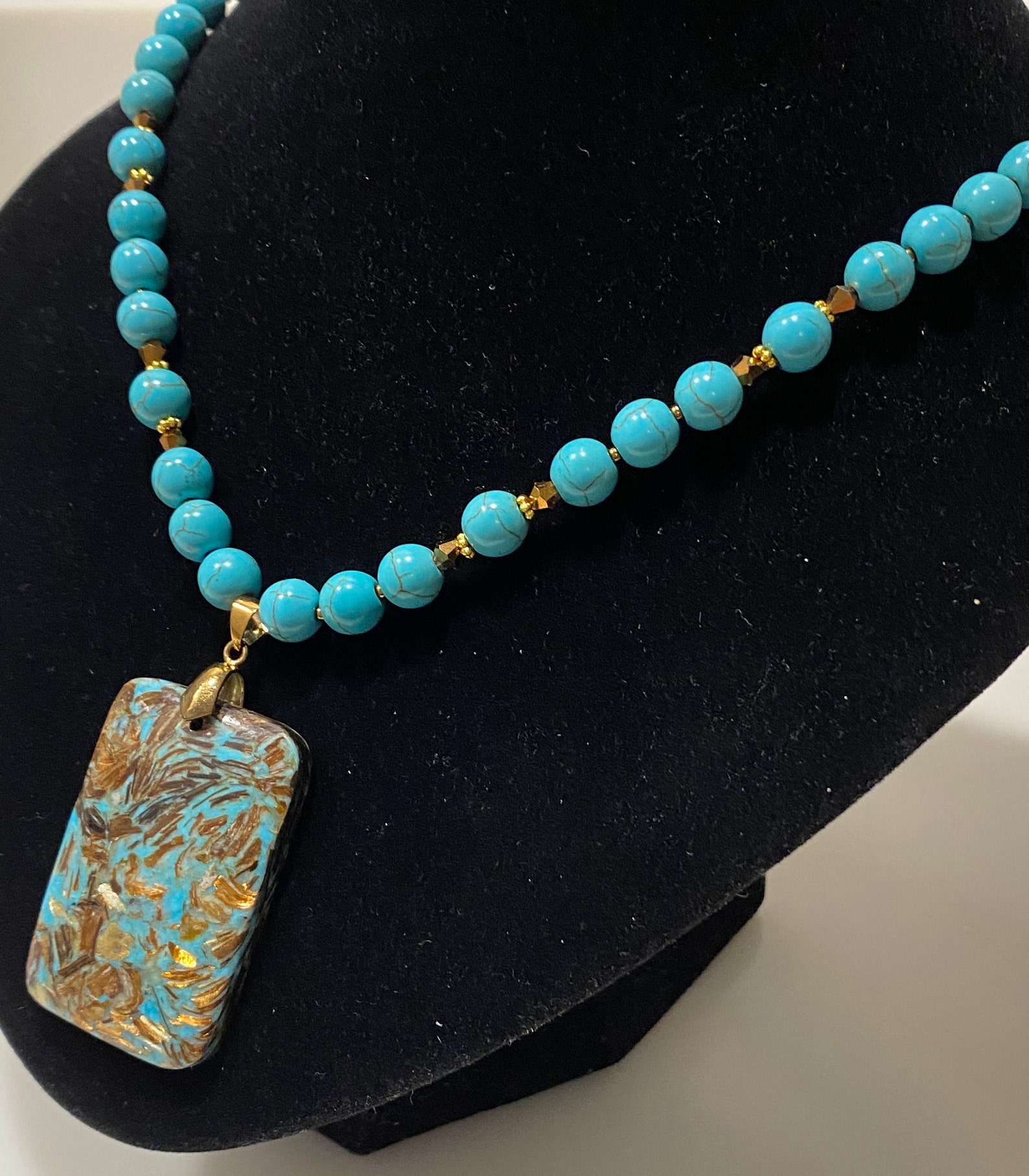 Turquoise Gemstone and Bornite Pendant Necklace/swarvoski Crystal ...