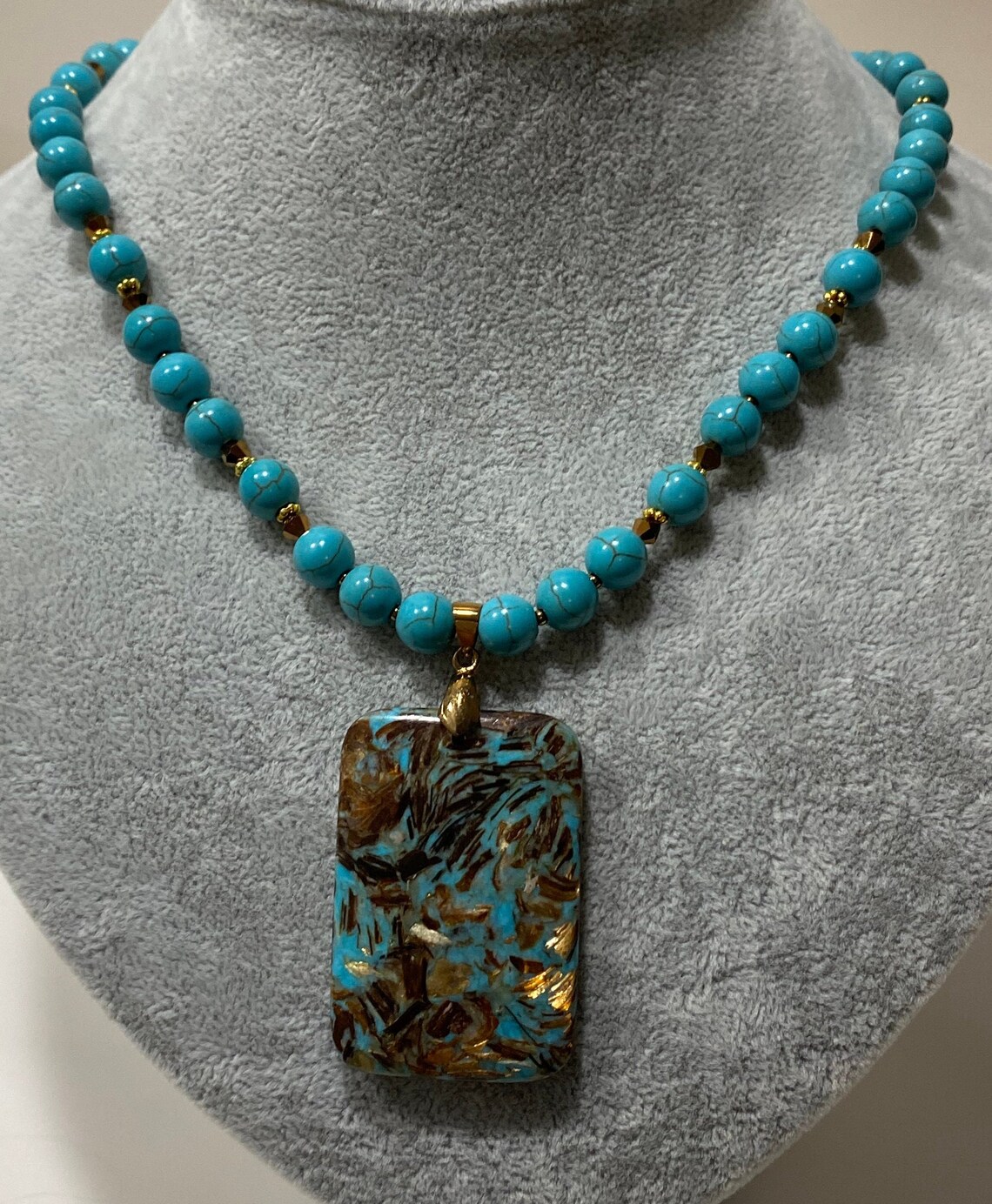 Turquoise Gemstone and Bornite Pendant Necklace/swarvoski | Etsy