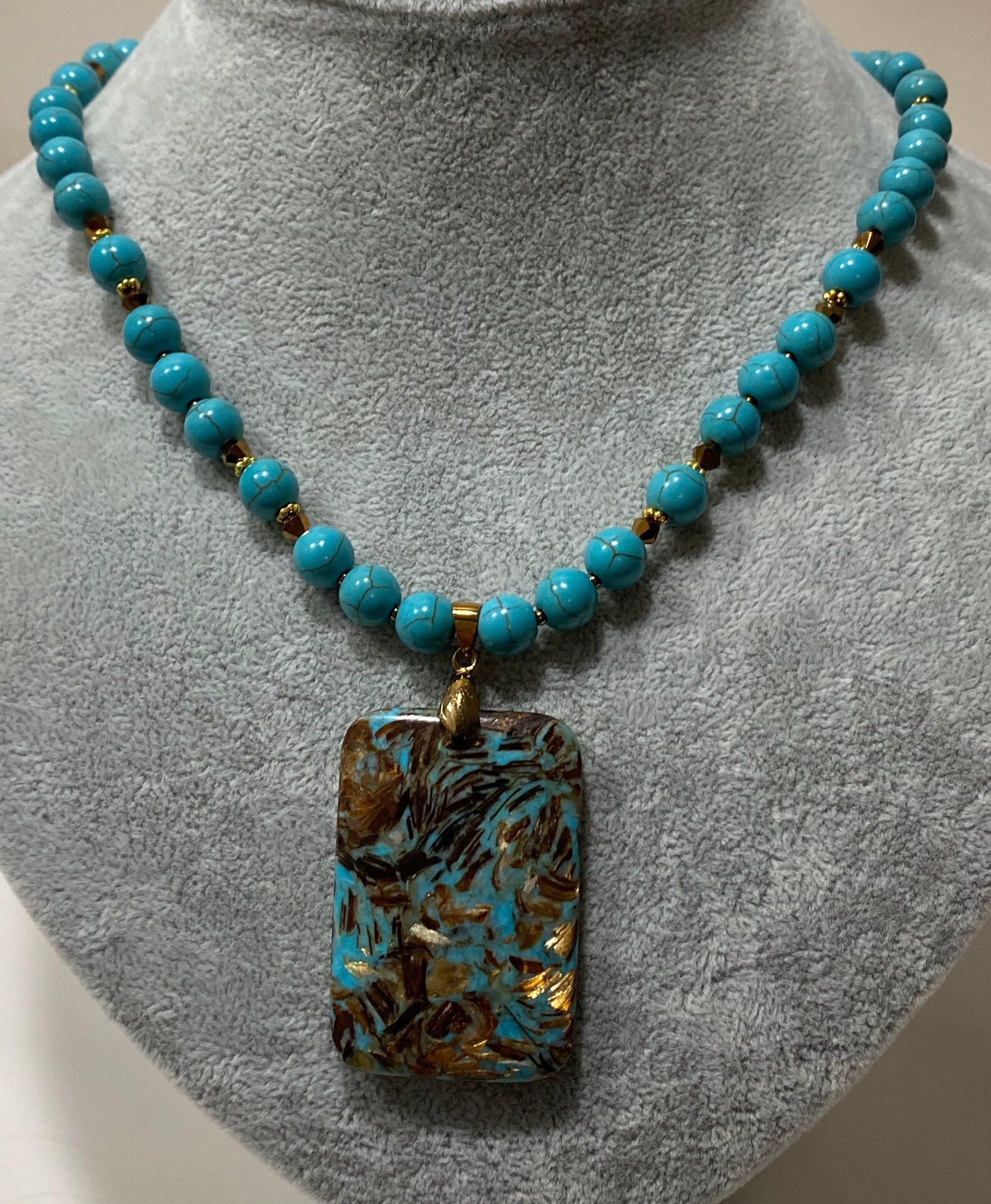 Turquoise Gemstone and Bornite Pendant Necklace/swarvoski Crystal ...