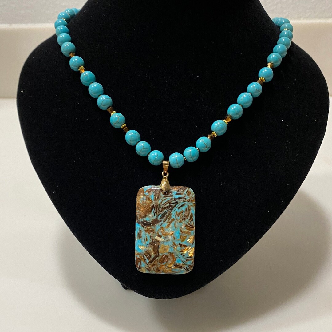 Turquoise Gemstone and Bornite Pendant Necklace/swarvoski Crystal ...