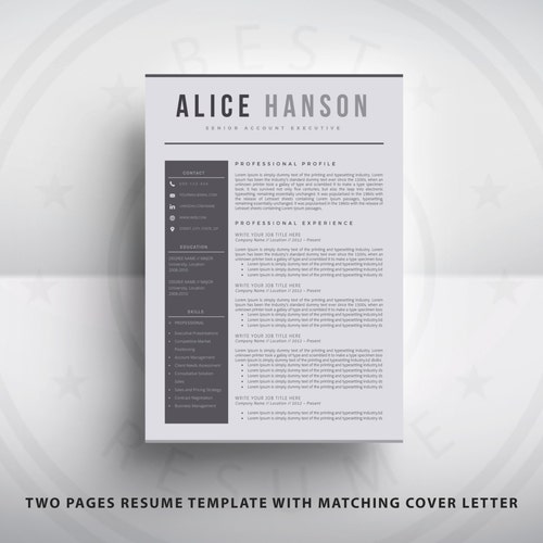 One Page Resume Template With Cover Letter MS Word Format - Etsy