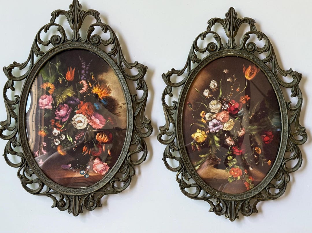 Pair of Vintage Italian Floral Wall Plaques – Convex Glass, Ornate ...