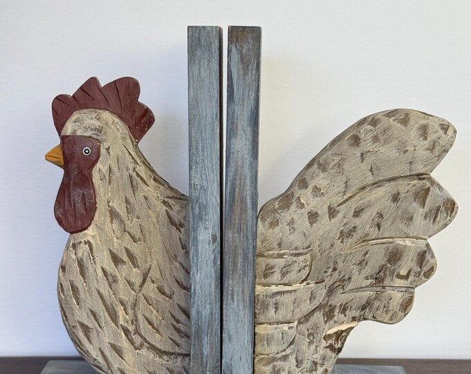 Rustic Farmhouse Chicken Bookends – Hand-carved Wooden Rooster Décor - Etsy