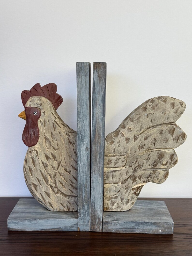 Rustic Farmhouse Chicken Bookends – Hand-carved Wooden Rooster Décor - Etsy