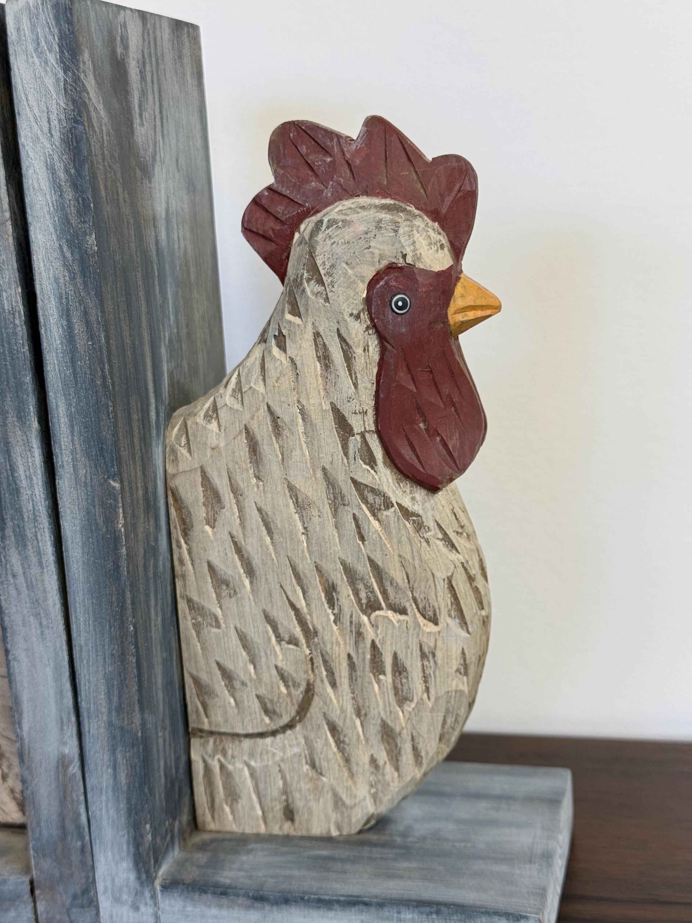 Rustic Farmhouse Chicken Bookends – Hand-carved Wooden Rooster Décor - Etsy