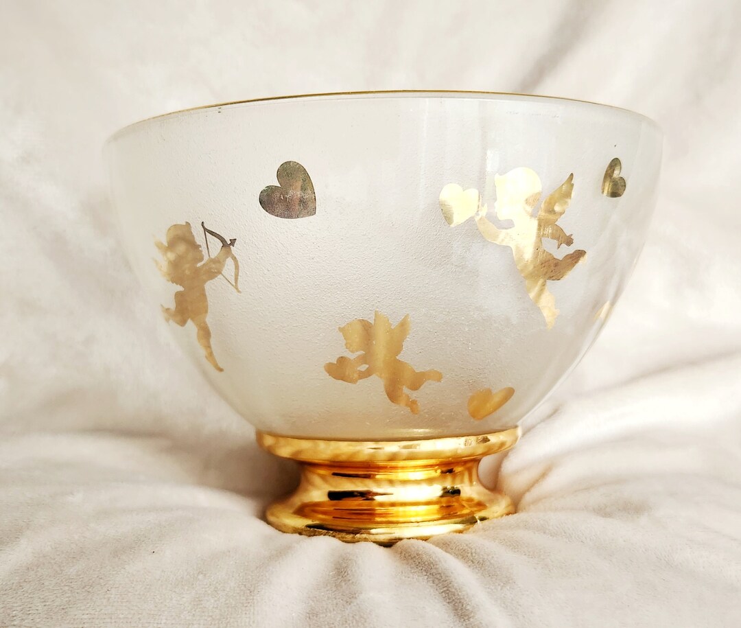 Vintage Teleflora Gold and Frosted Glass Cupid Bowl - Etsy