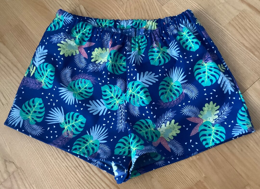 Sml/tropical Leaves on Blue Background Flannel Sleep Shorts - Etsy