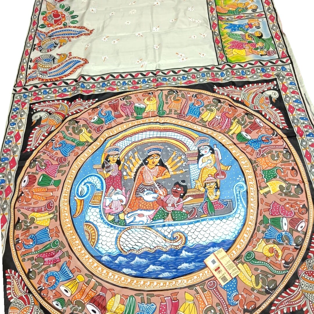 Durga Puja Hand Painted Pattachitra Tussar Silk Saree - Etsy
