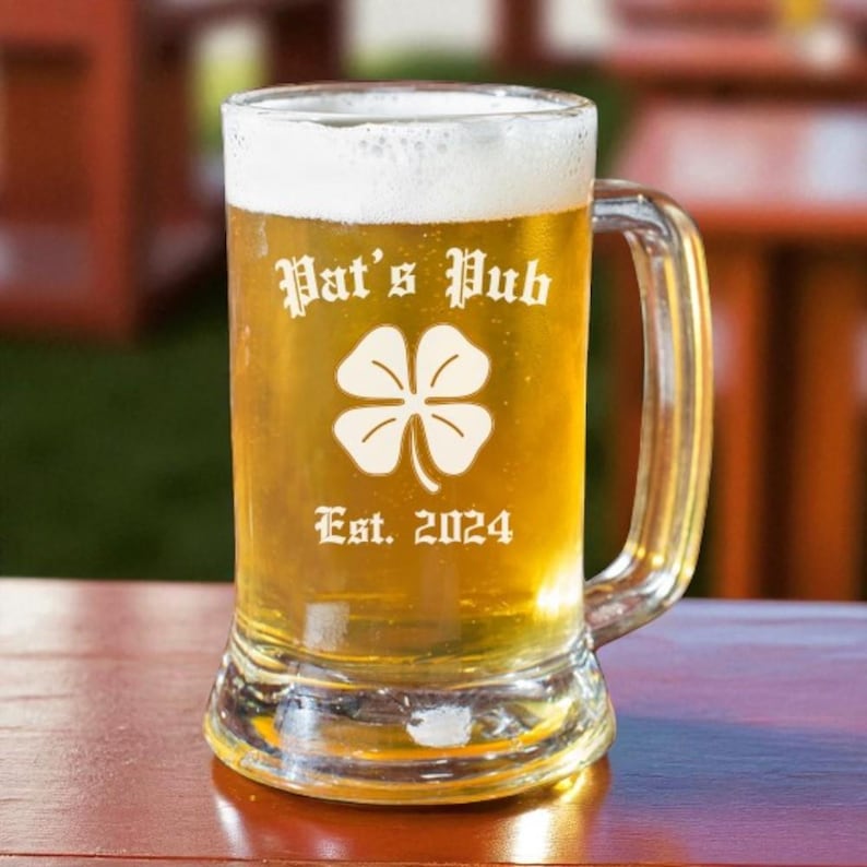 Shamrock Beer Mug - Personalized Engraved Beer Glass - Custom Pub Mug ...