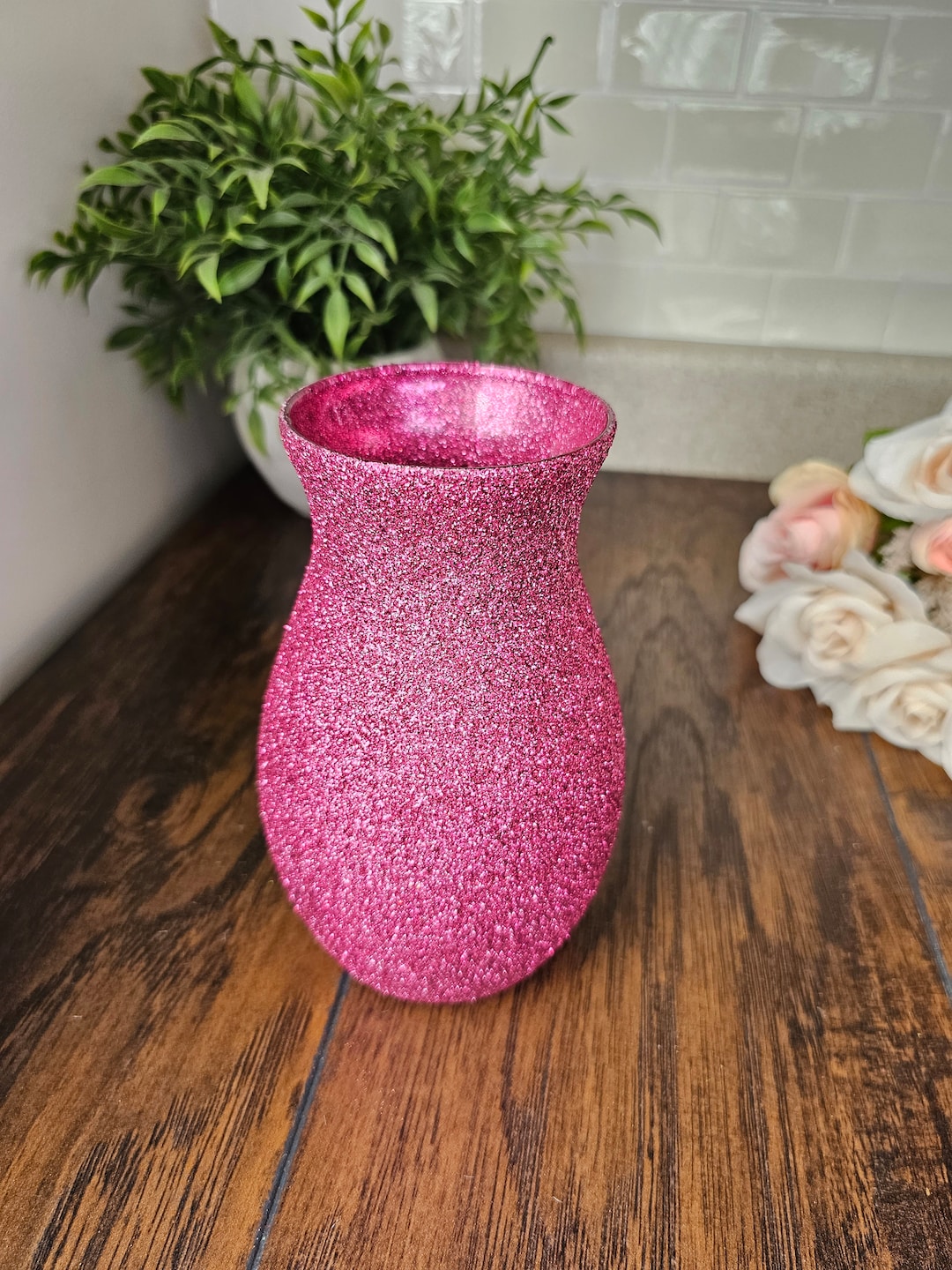 Set of 5 Sparkly Dark Pink Glitter Vases 7", Wedding Decor, Table Decor ...