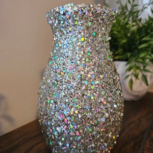 Set of 5 Sparkly Silver Chunky Glitter Vases 7", Weddings, Birthdays ...