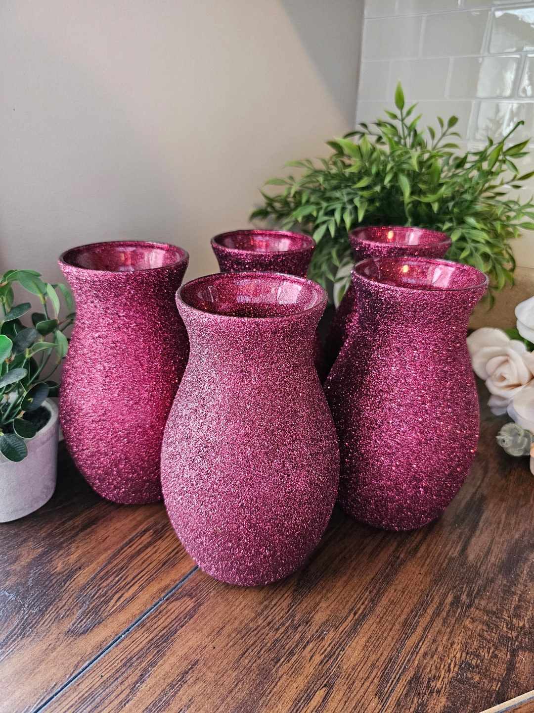 Set of 5 Sparkly Burgundy Glitter Vases 7", Wedding Decor, Party Decor ...