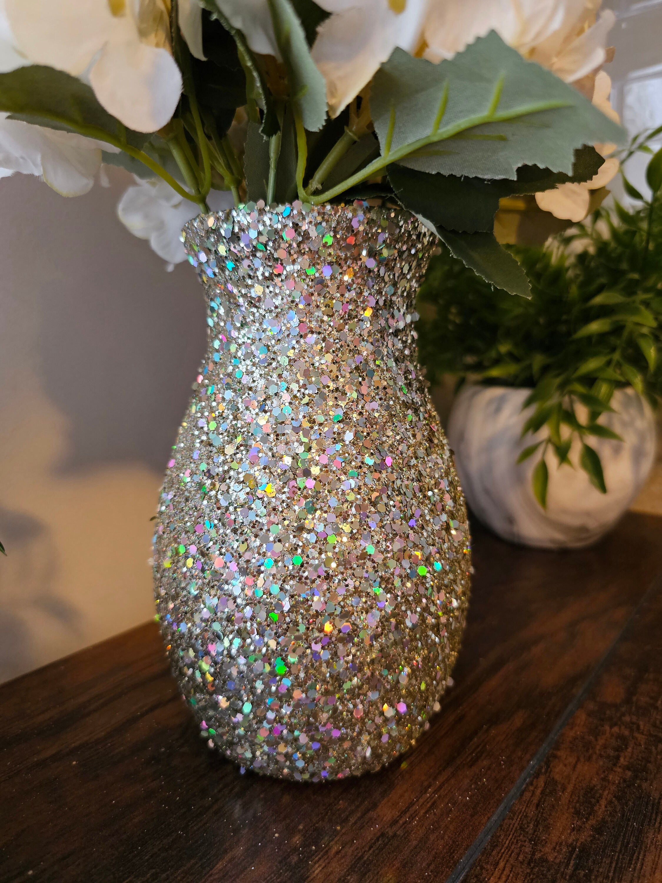 Set of 5 Sparkly Silver Chunky Glitter Vases 7", Weddings, Birthdays ...