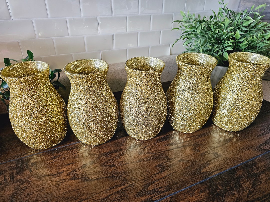 Set of 5 Sparkly Gold Chunky Glitter Vases 7", Weddings, Birthdays ...