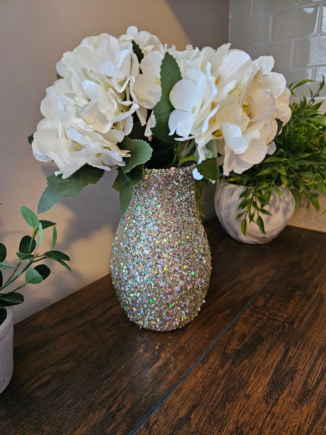 Set of 5 Sparkly Silver Chunky Glitter Vases 7", Weddings, Birthdays ...