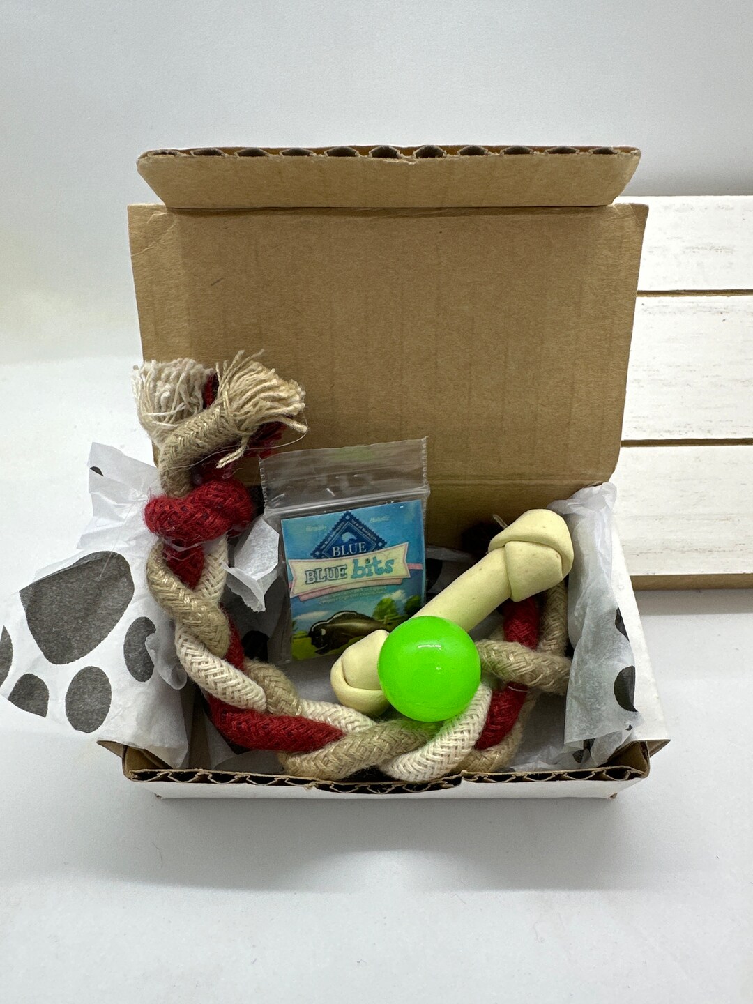 Treats for Your AG Dog! Bark Box With Rope Toy, Rawhide, Ball, and Blue ...