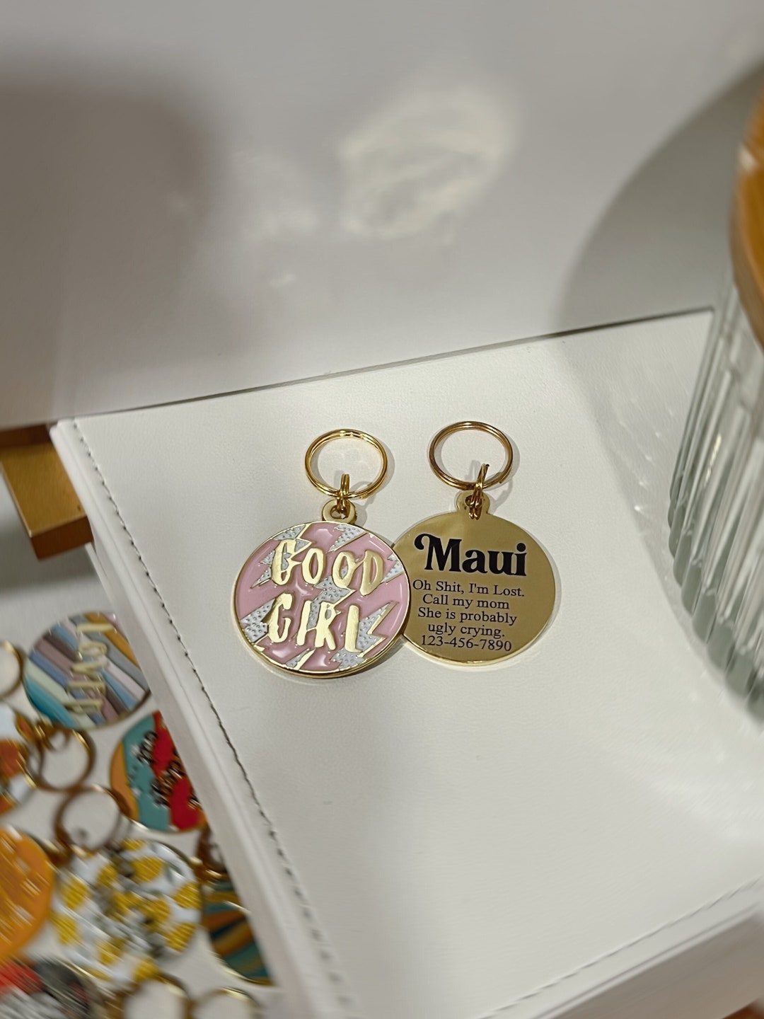 Custom Pink Good Girl Dog Tag With Gold Lightning Bolts, Stainless ...