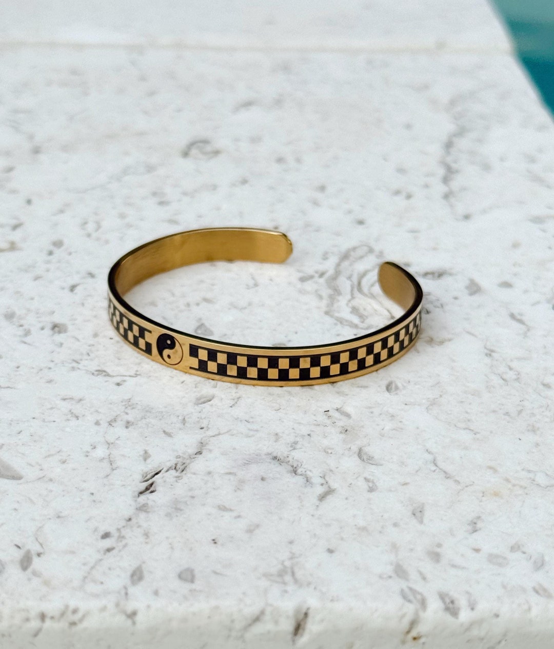 Checkered Bracelet, Gold Cuff Bracelet, Yin and Yang Bracelet, Gold Jewelry, Black and White ...