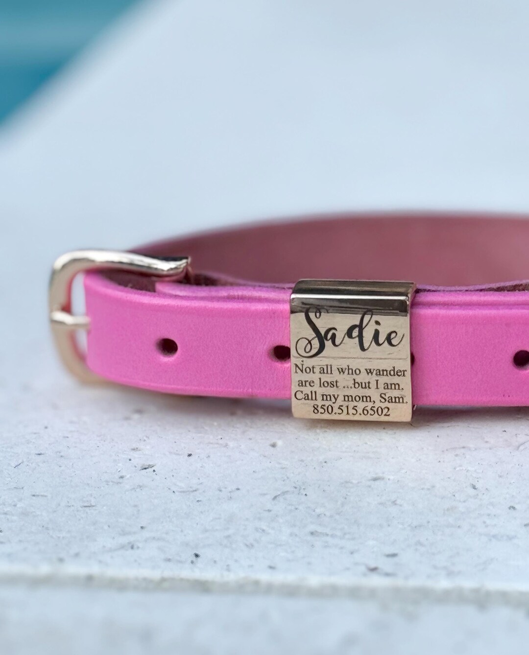 Pink Leather Dog Collar, Personalized Pet Collar, Brass Plate Collar ...