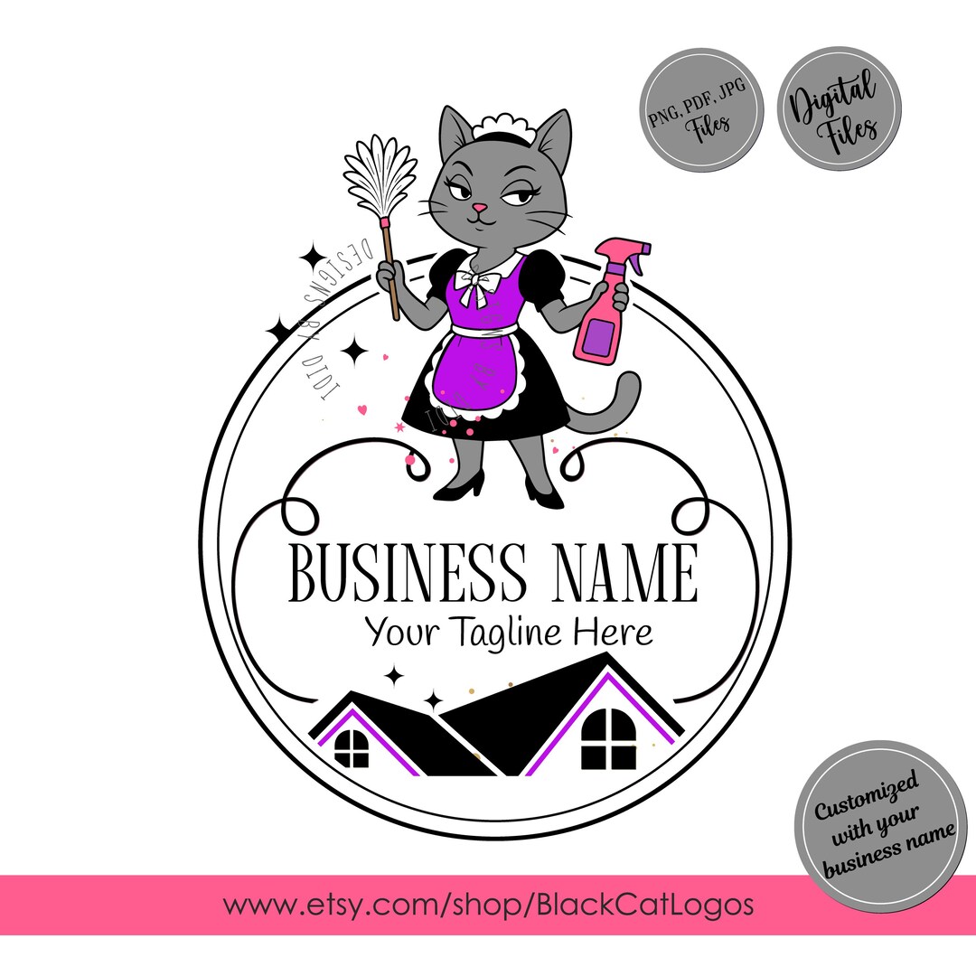 Sassy Cat Maid Logo, Hand-drawn Cleaning Service Business Digital ...