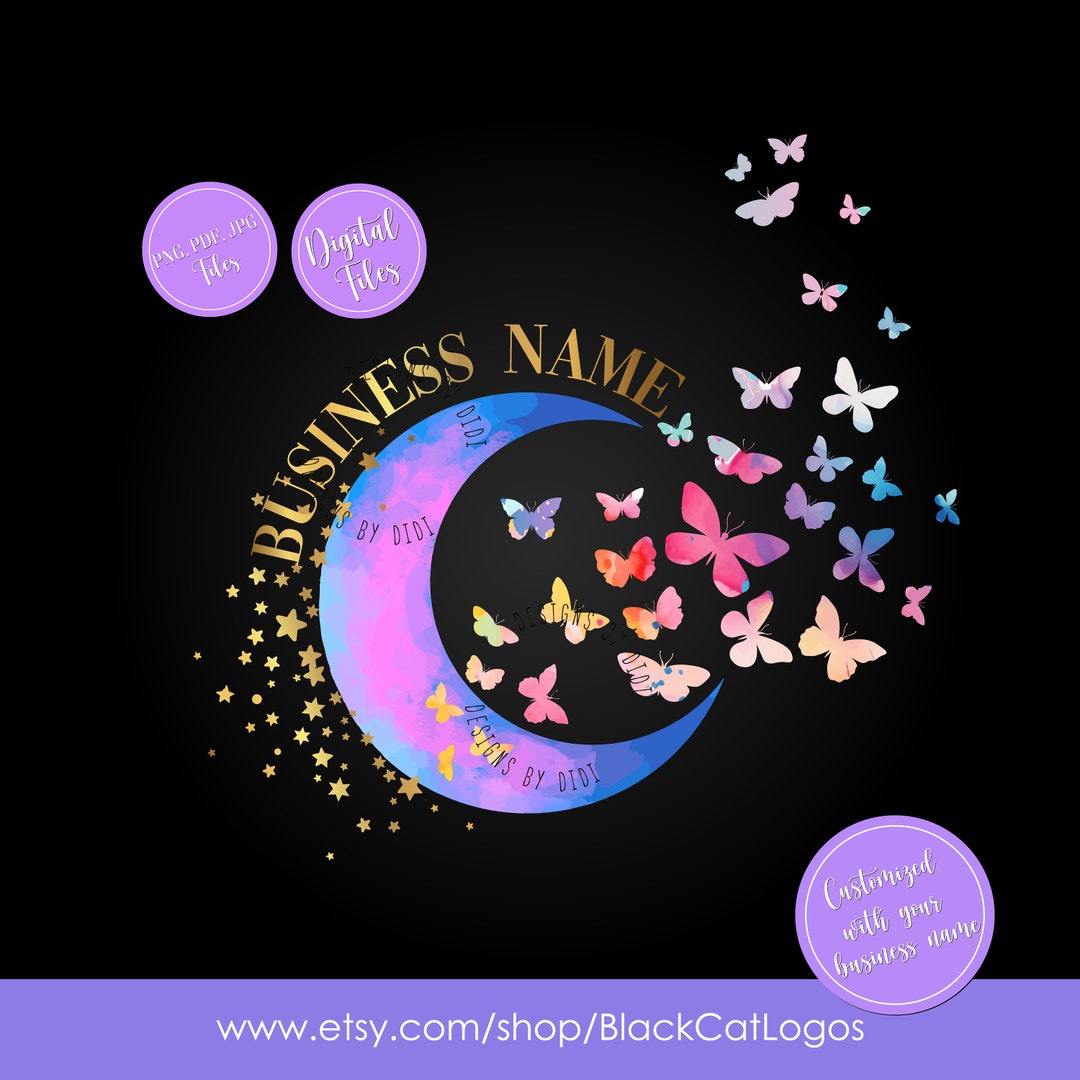 Crescent Moon Butterfly Logo, Magical Watercolor, Fashion Boutique Logo ...